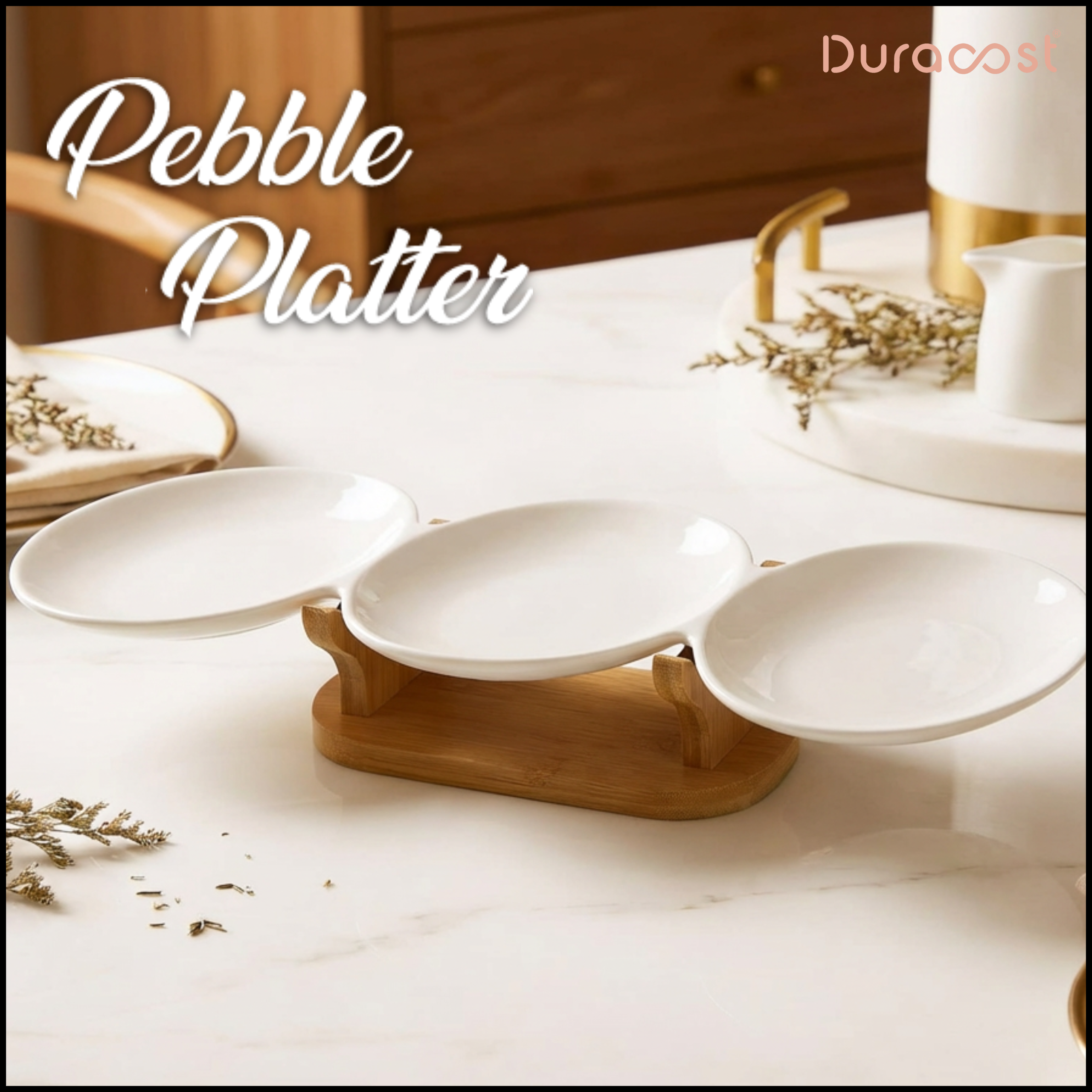 DuraCast® Pebble Platter – 3-Section Ceramic Serving Platter with Bamb ...