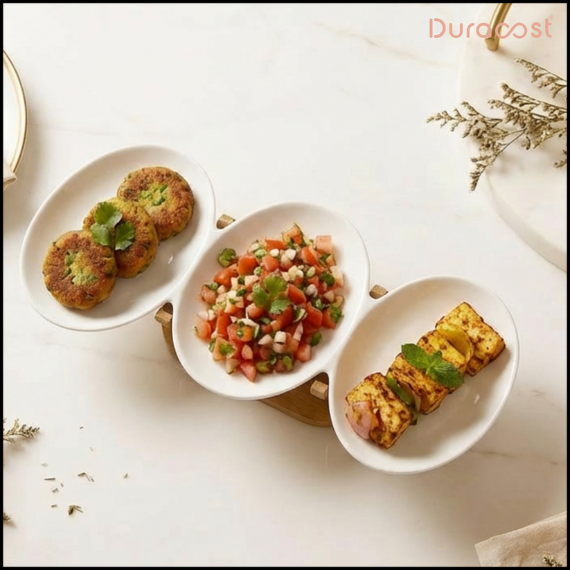 DuraCast® Pebble Platter – 3-Section Ceramic Serving Platter with Bamb ...