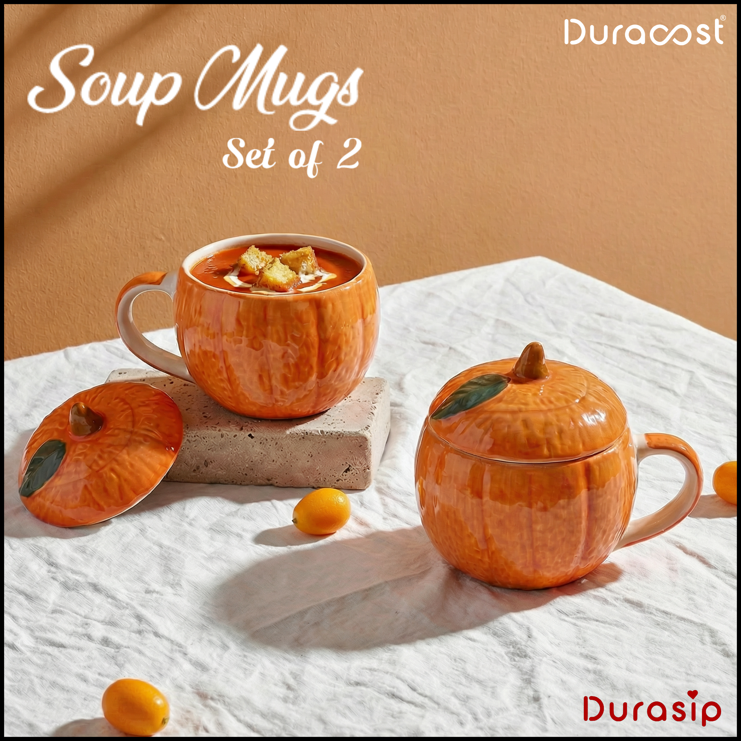 DuraSip™ Snug Mug Set | Ceramic Pumpkin Soup Mugs with Lids | Premium ...