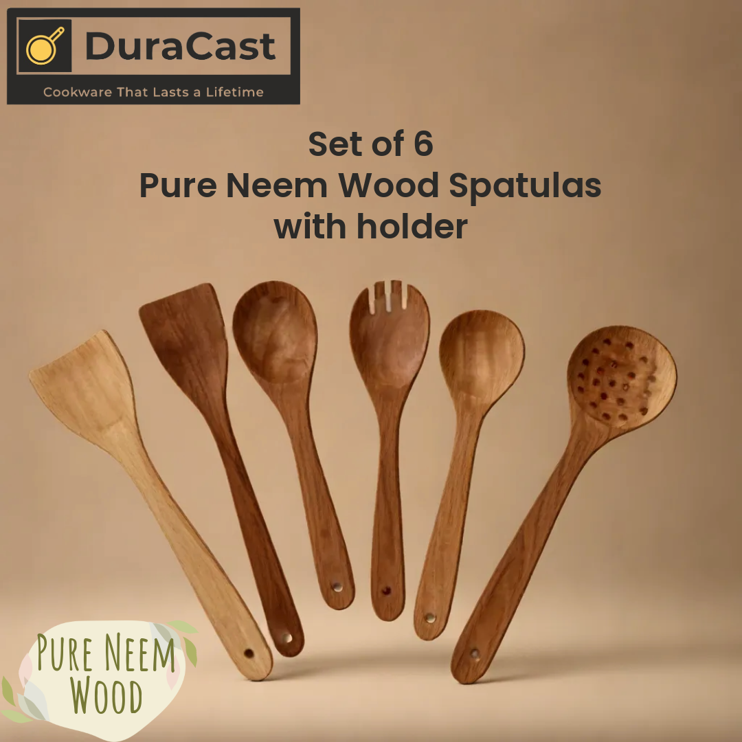 Set of 6 Pure Neem Wood Spatulas with Holder - Eco-Friendly & Durable ...